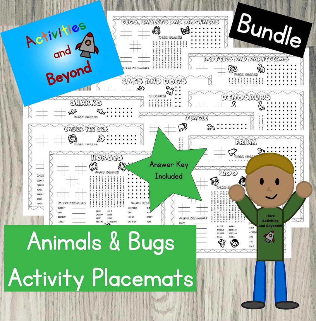 BUNDLE Animals Bugs Activity Page Placemats, Party, Tic Tac Toe, Dot ...