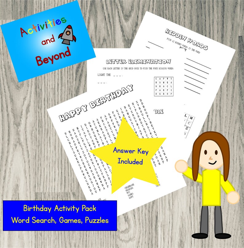 Printable Birthday Activity Pages Word Search, Word Scramble, Code ...