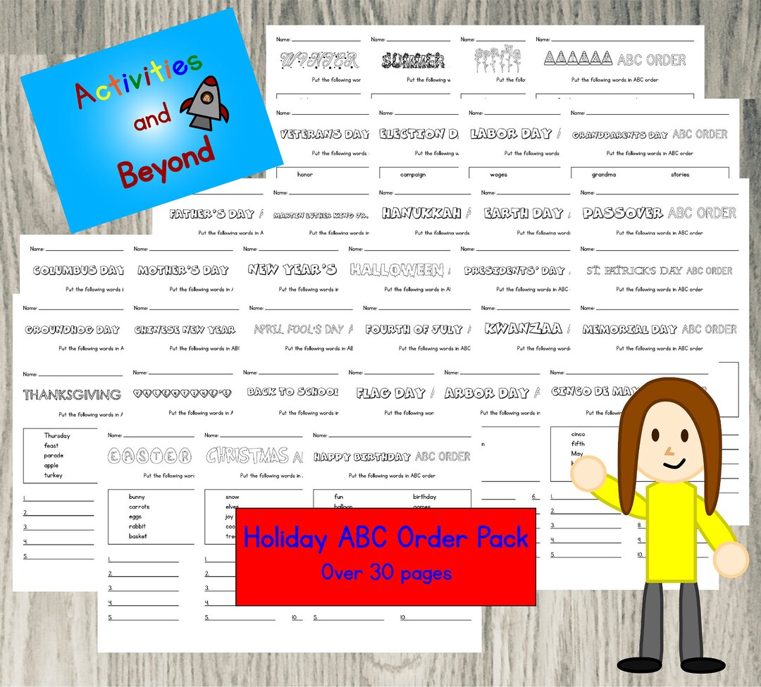 Printable Holiday ABC Order Worksheets Pack Alphabet Season, Birthday ...