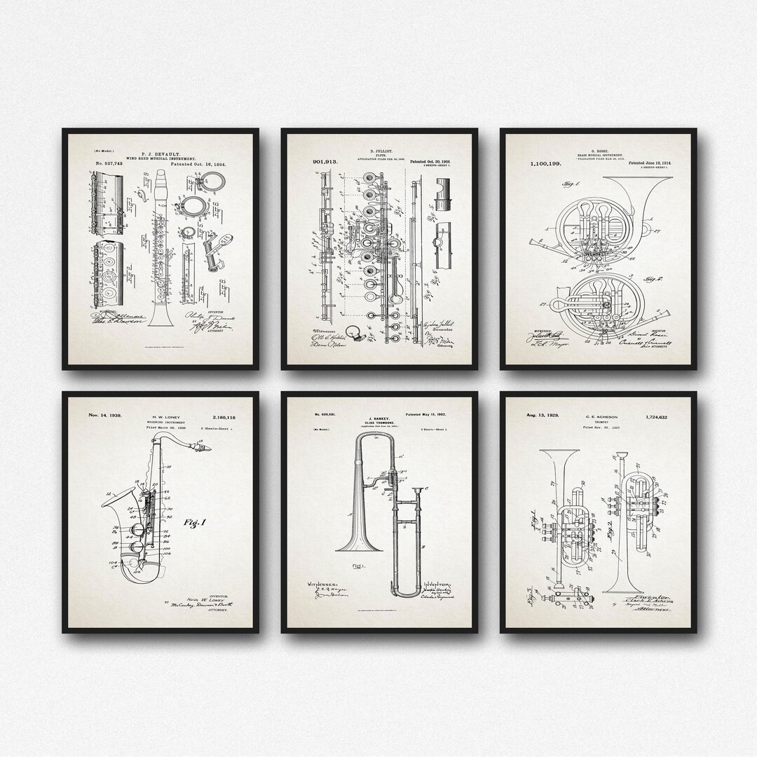 Wind Instrument Inventions Musical Instrument Prints Set of 6 - Poster ...