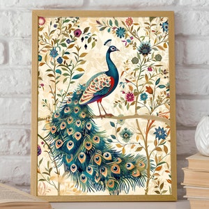 Indian Peacock Art Poster Traditional Bird and Flower Illustration Wall ...