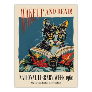 1960 National Library Week Poster: Cat Reading Book, Vintage Style - Etsy
