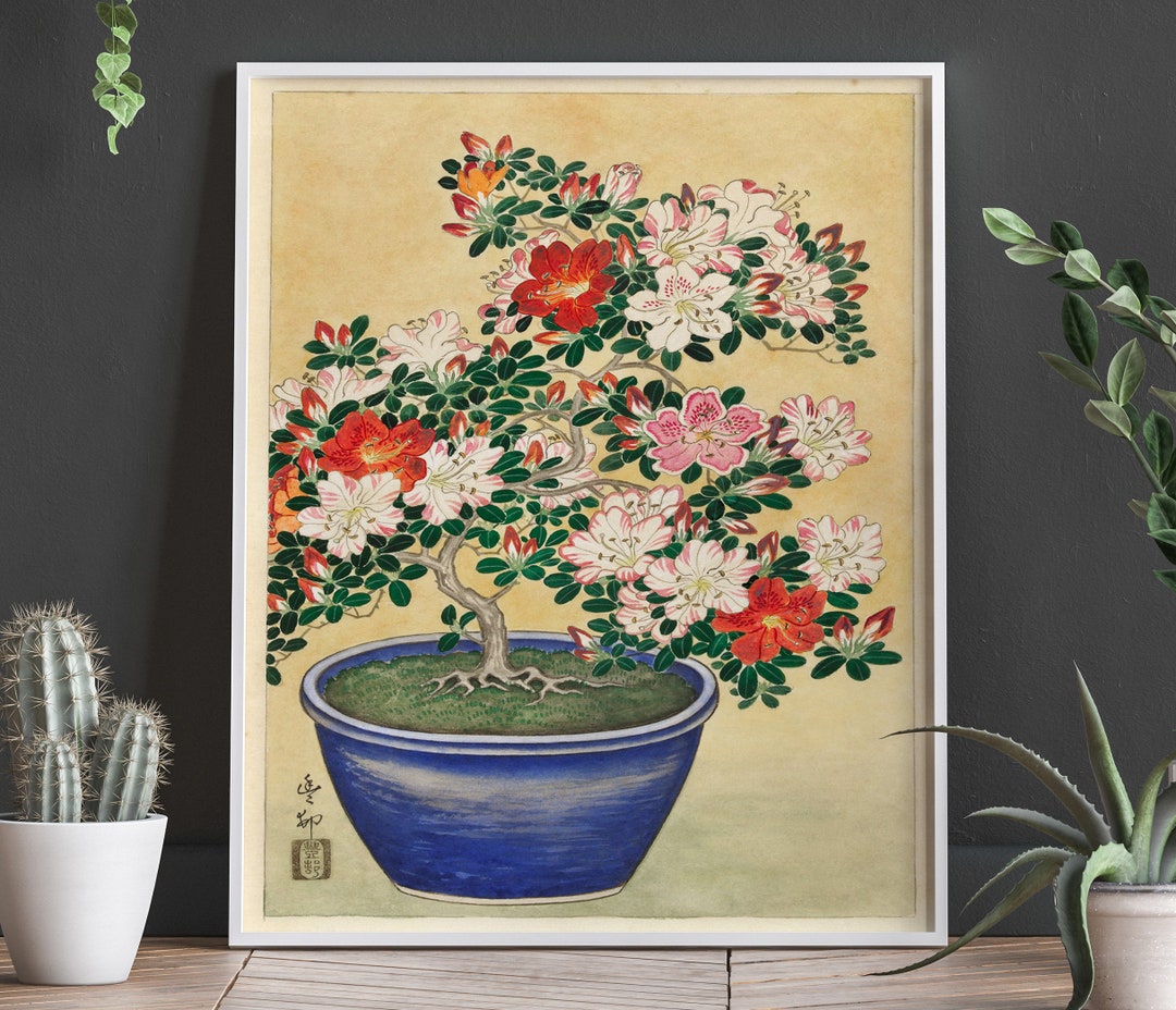 Japanese Woodblock Art Print of Blooming Azalea in Blue Pot by Ohara ...