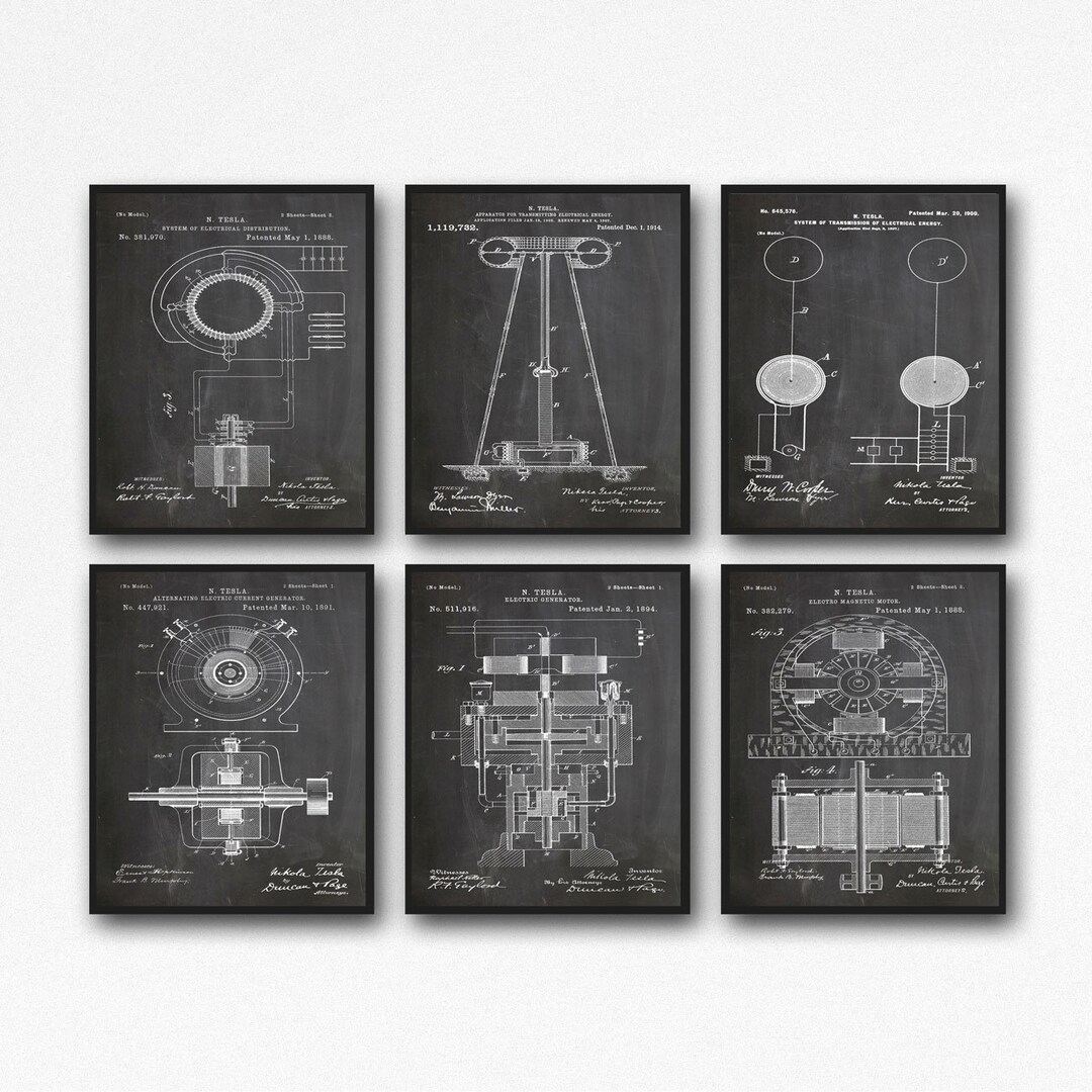 Tesla Posters Art Gift for Him Engineering Patent Wall Art Set of 6 ...