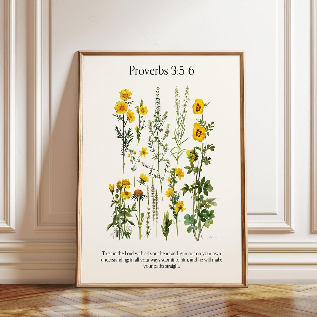 Proverbs 3:5-6 Wall Art Print – Yellow Botanical Scripture Poster ...