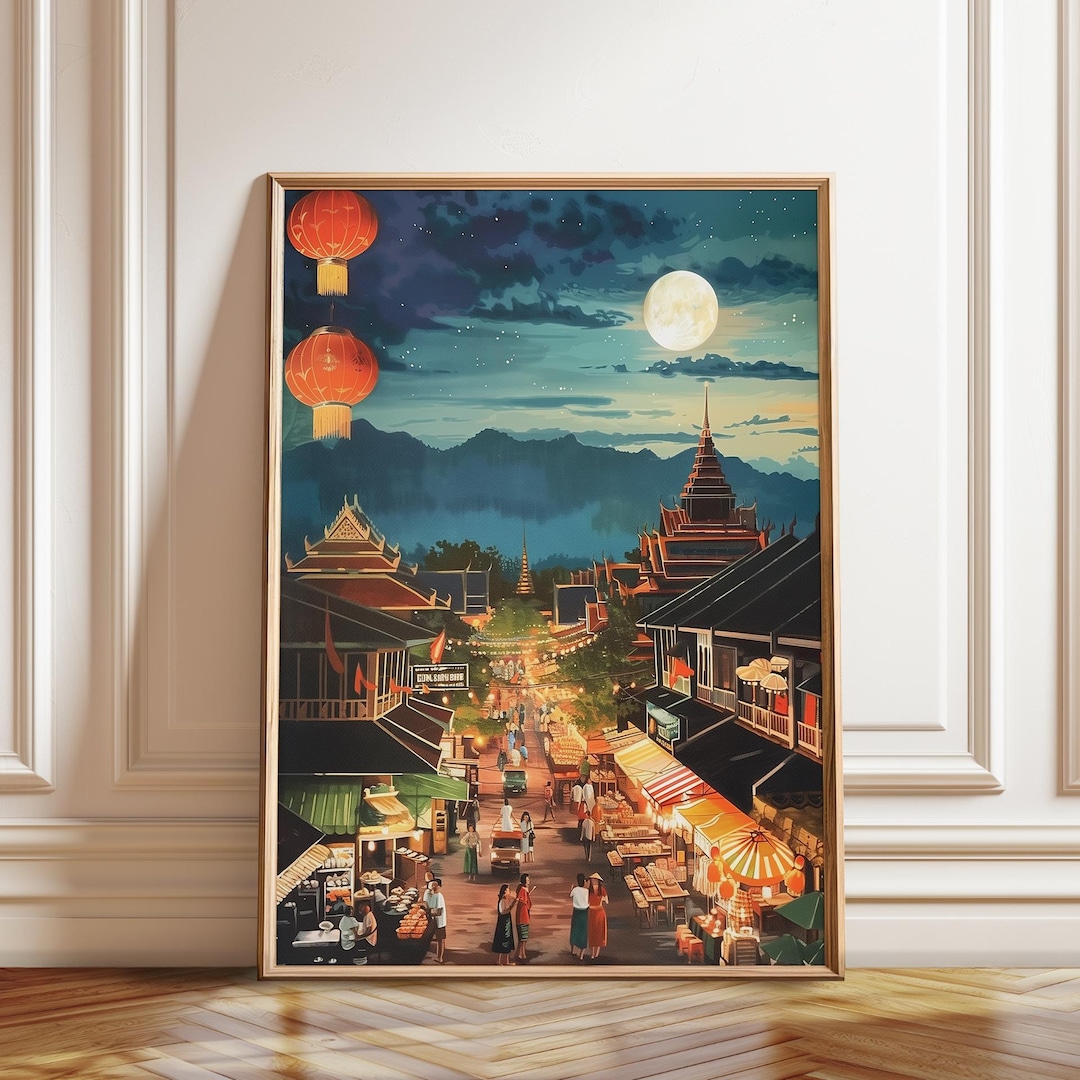 Bangkok Night Market Poster - Thai Night Market Under the Moonlight Art ...