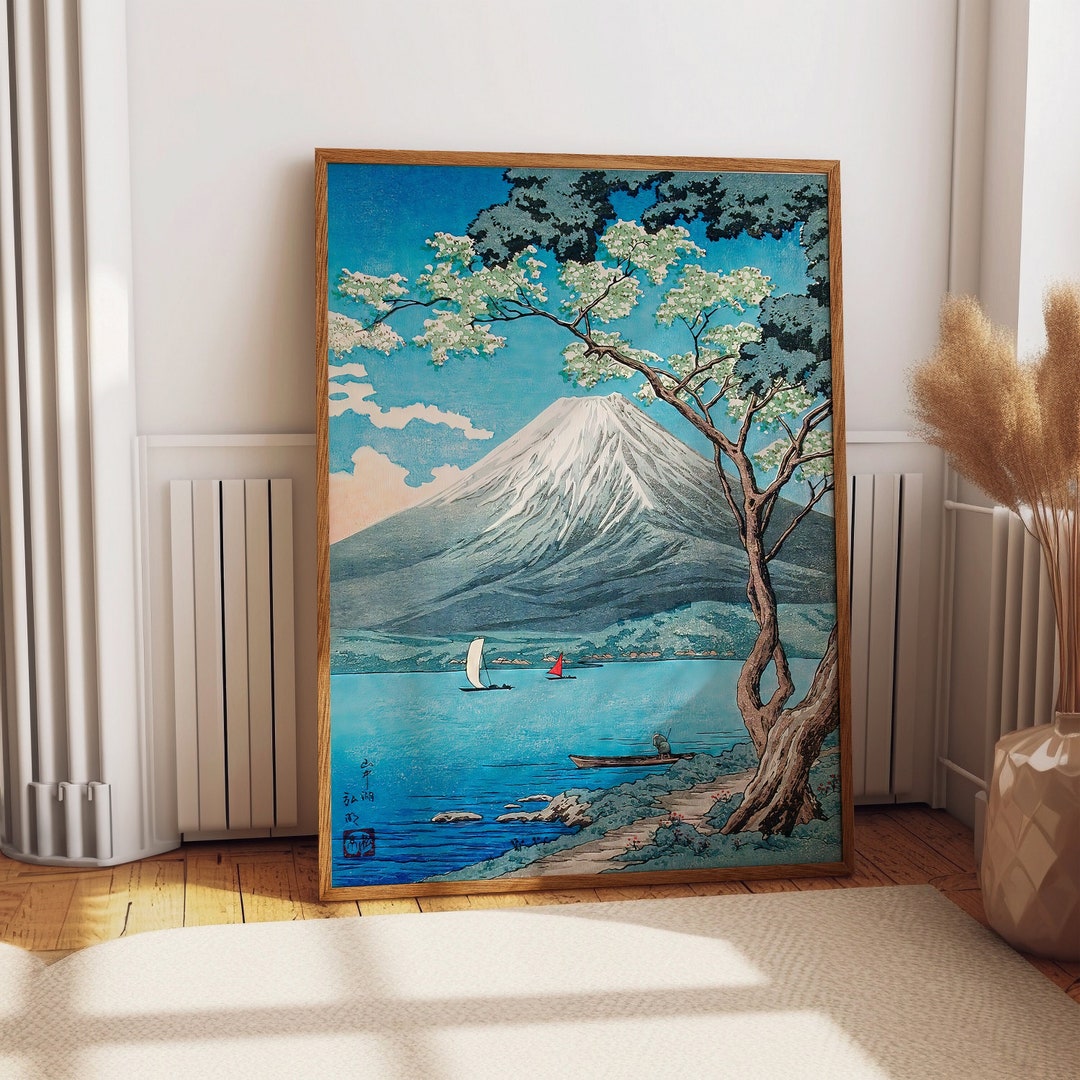 Asian Painting Mount Fuji Japanese Woodblock Blue Mountain Print Serene ...