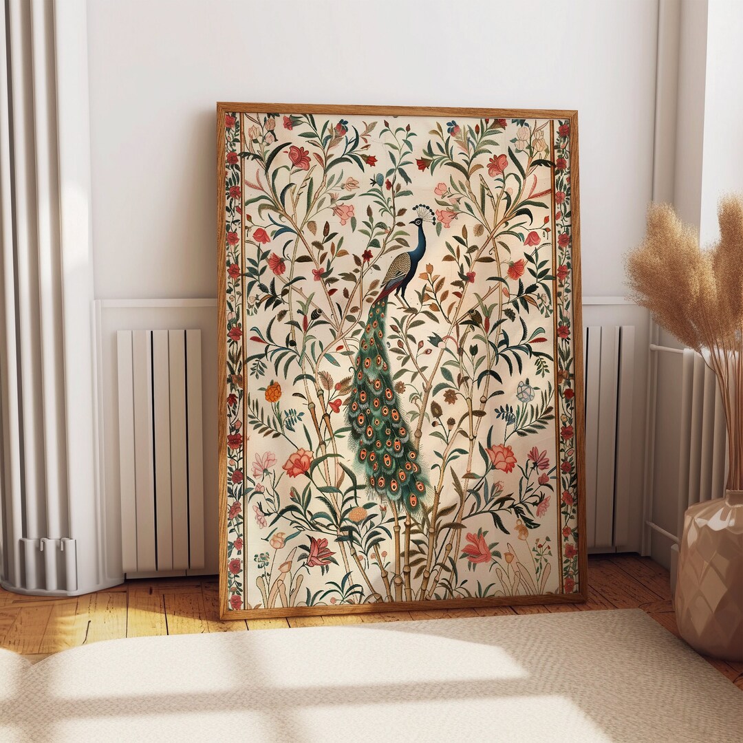 Indian Floral Peacock Art Poster Exquisite Botanical and Wildlife ...