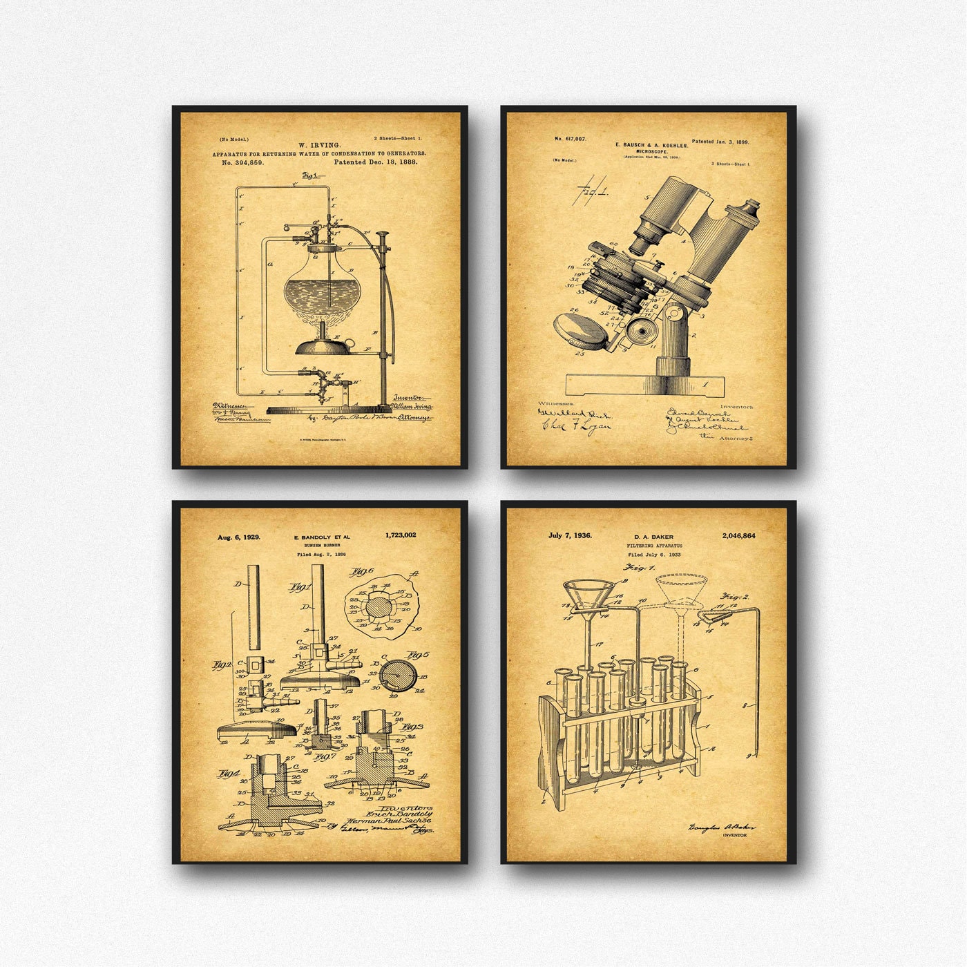 Vintage Science Lab Poster Prints: Microscope, Test Tubes, Bunsen ...