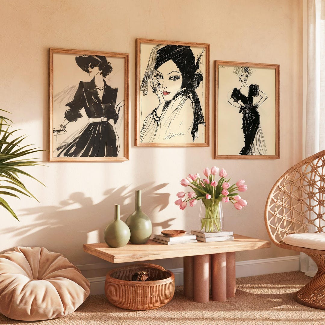 Black & White Couture Wall Art - Set of 3 Retro Fashion Sketch Prints ...
