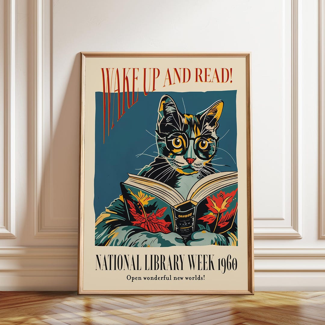 1960 National Library Week Poster: Cat Reading Book, Vintage Style - Etsy