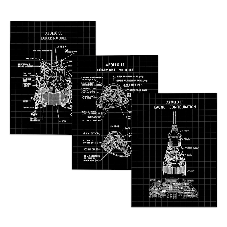 Apollo 11 Lunar Module Technical Diagram Art Print Set - Space Age ...