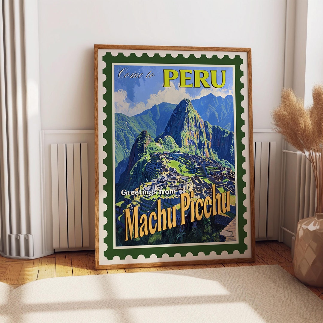 Machu Picchu Travel Poster - Retro Stamp Design "come to Peru" Wall Art ...