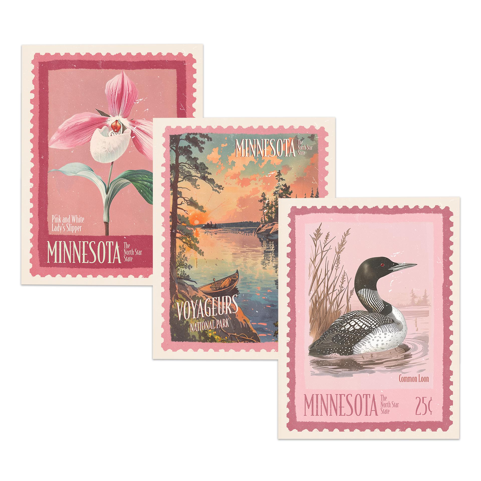 Minnesota State Art Print Set: Lady Slipper, Voyageurs Park, Loon - Etsy