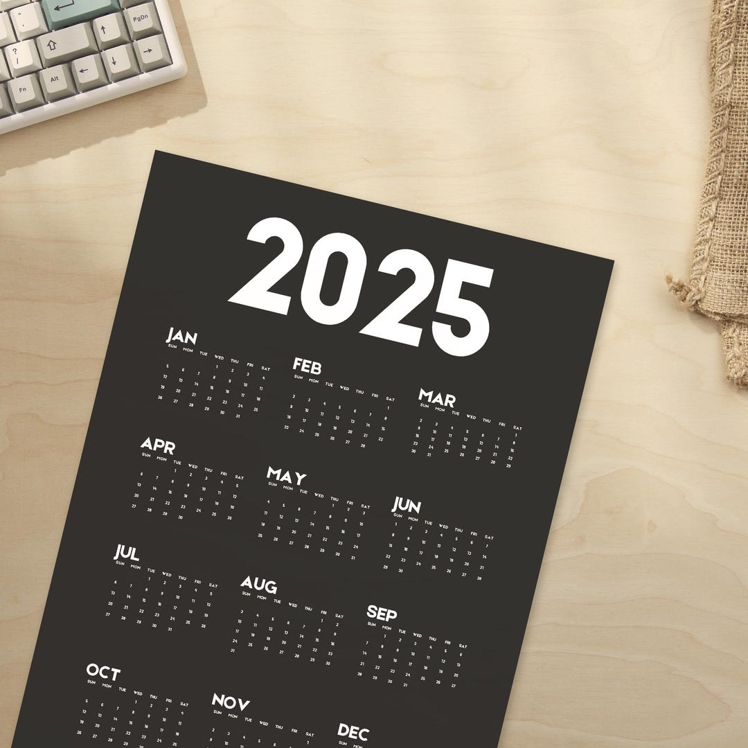 2025 Black and White Calendar Poster Minimalist Yearly Wall Planner ...