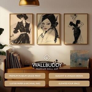 Black & White Couture Wall Art - Set of 3 Retro Fashion Sketch Prints ...