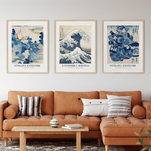 Set of 3 Classic Japanese Woodblock Posters Blue Themed Room Decor for ...