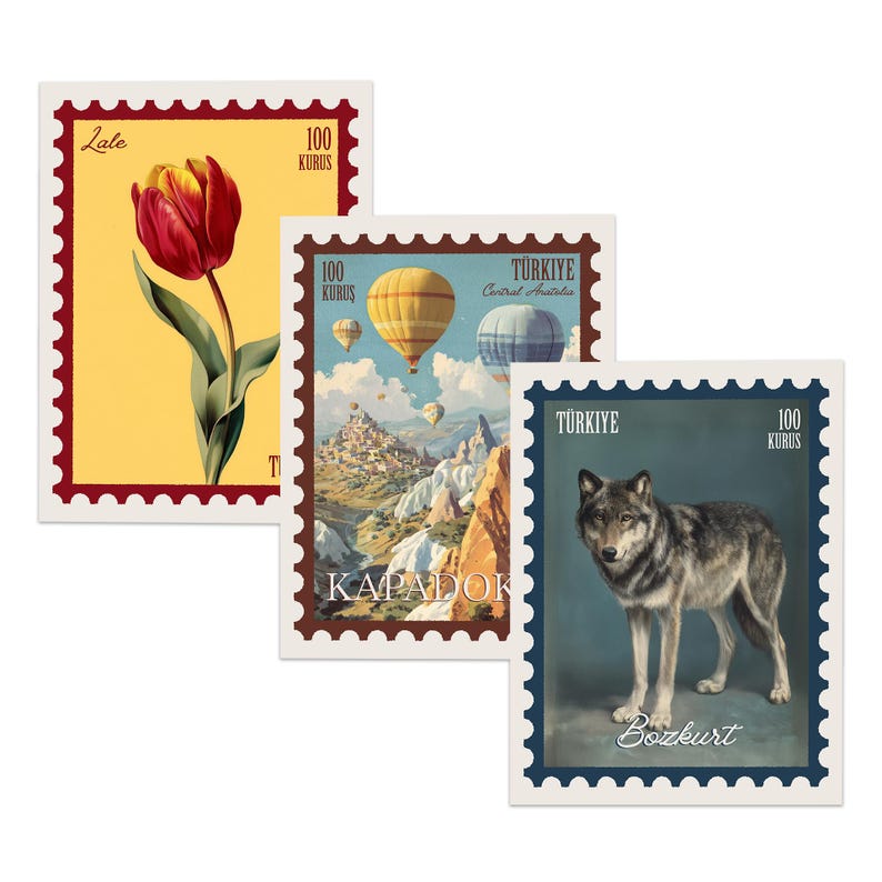 Turkey Stamp Posters Set | Cappadocia Balloons, Gray Wolf, Tulip ...