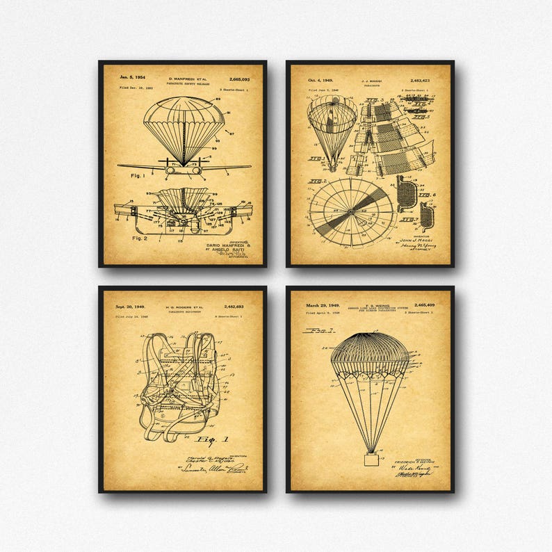 Sky Diving Set of 4 Parachute Patent Posters Skydiving Poster | Etsy
