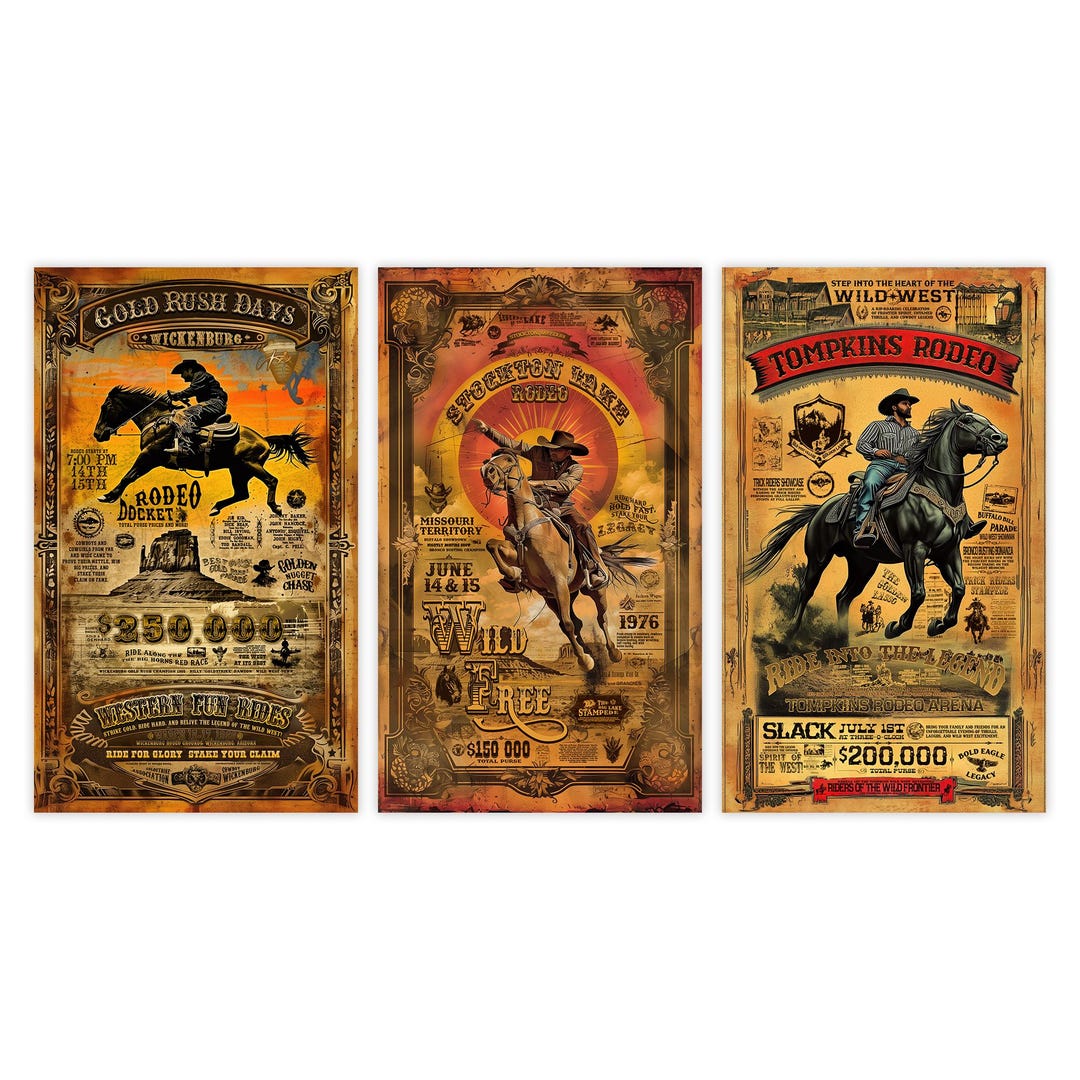 Retro Cowboy Wall Art Prints - Set of 3 Western Rodeo Posters - Gold ...