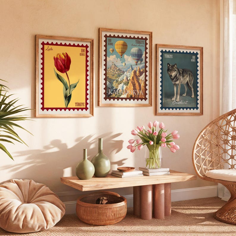 Turkey Stamp Posters Set | Cappadocia Balloons, Gray Wolf, Tulip ...