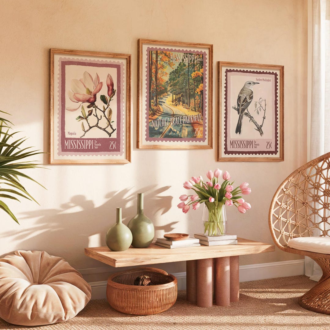 Mississippi State Art Print Set: Magnolia, Natchez Trace, Mockingbird ...