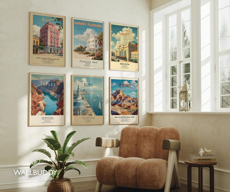 Famous US State Landmark Prints | Retro American Wall Art | USA Travel ...