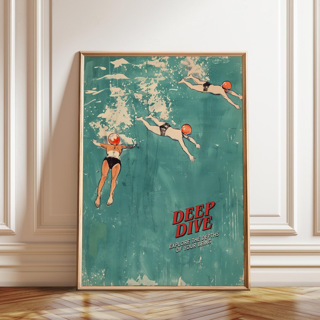 Deep Dive Art Poster: Retro Swimmers Print, Teal Decor - Etsy