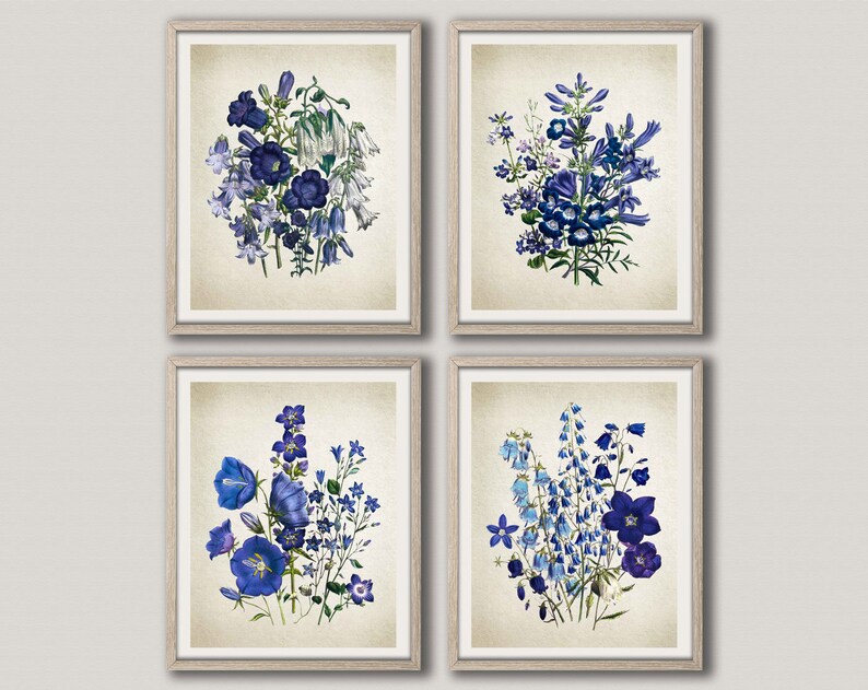 Blue Flower Prints Blue Flower Decor Set of 4 Flower - Etsy