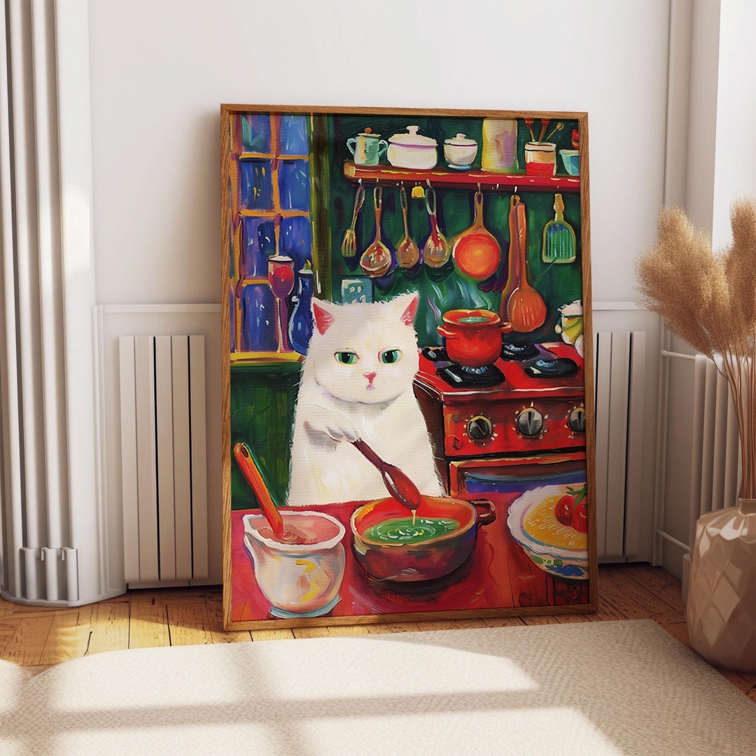 Cooking Cat Wall Art Chef Cat in Kitchen Art Poster Culinary Feline ...