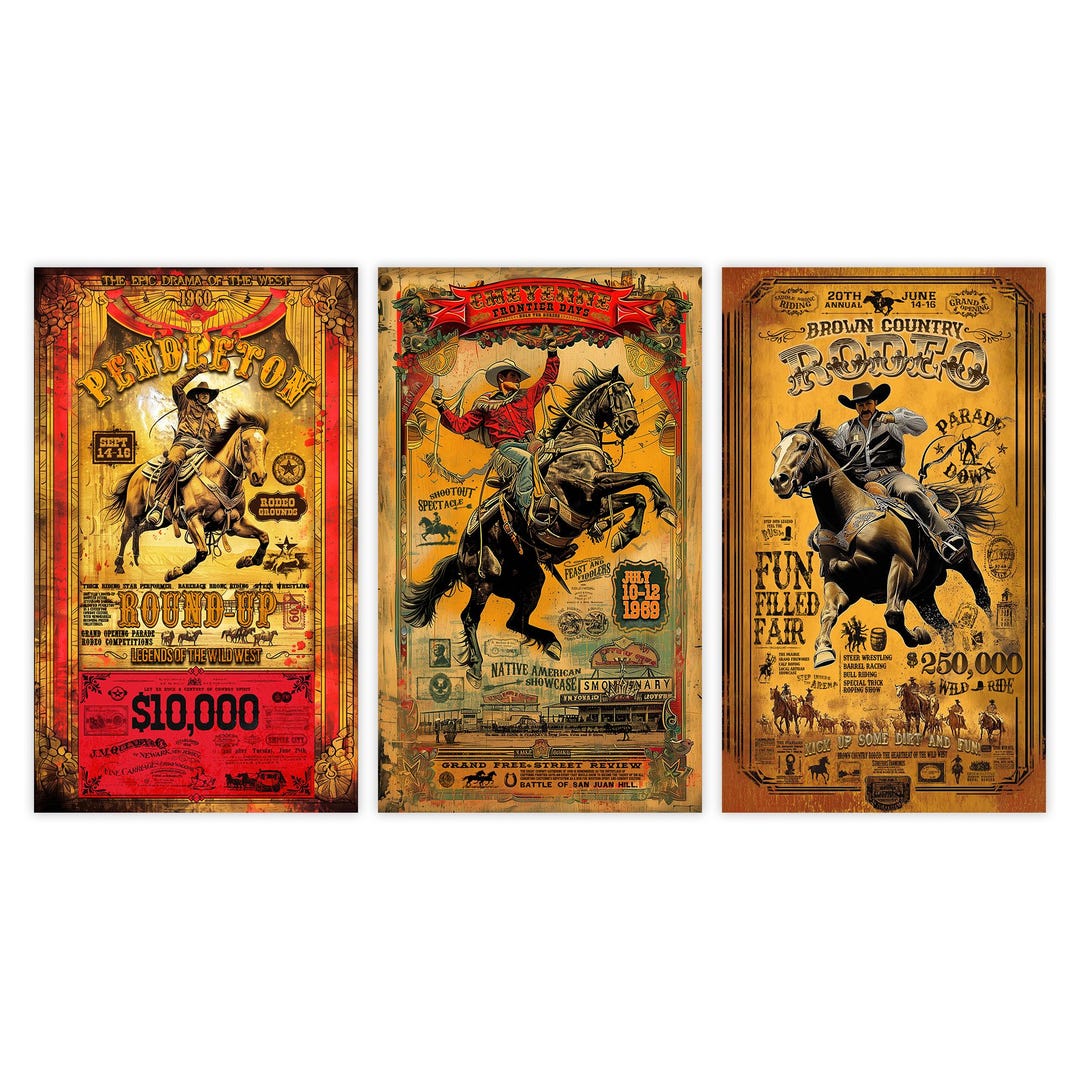 Vintage Rodeo Poster Set: Western Cowboy Wall Art Prints - Etsy