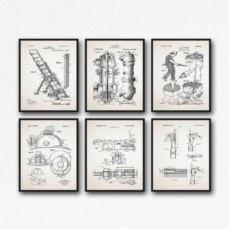Fire Fighter Patent Prints Set of 6 Fireman Posters Fire Safety Signs ...