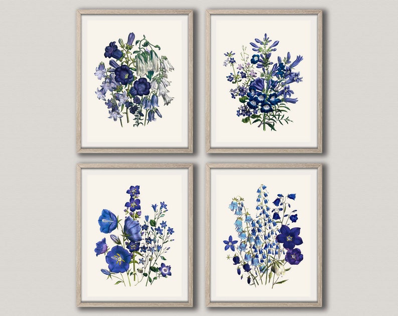 Blue Flower Prints Blue Flower Decor Set of 4 Flower - Etsy