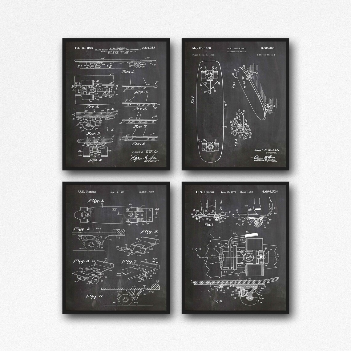 Skateboard Poster Gift Set of 4 Skateboarding Blueprints | Etsy