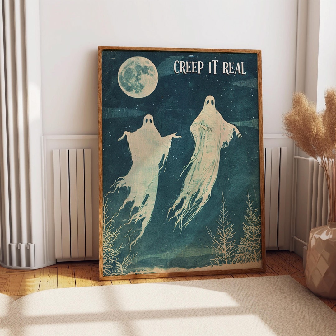 Halloween Ghost Poster With Moon and Midnight Scene Wall Art Retro ...