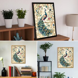 Indian Peacock Art Poster Traditional Bird and Flower Illustration Wall ...