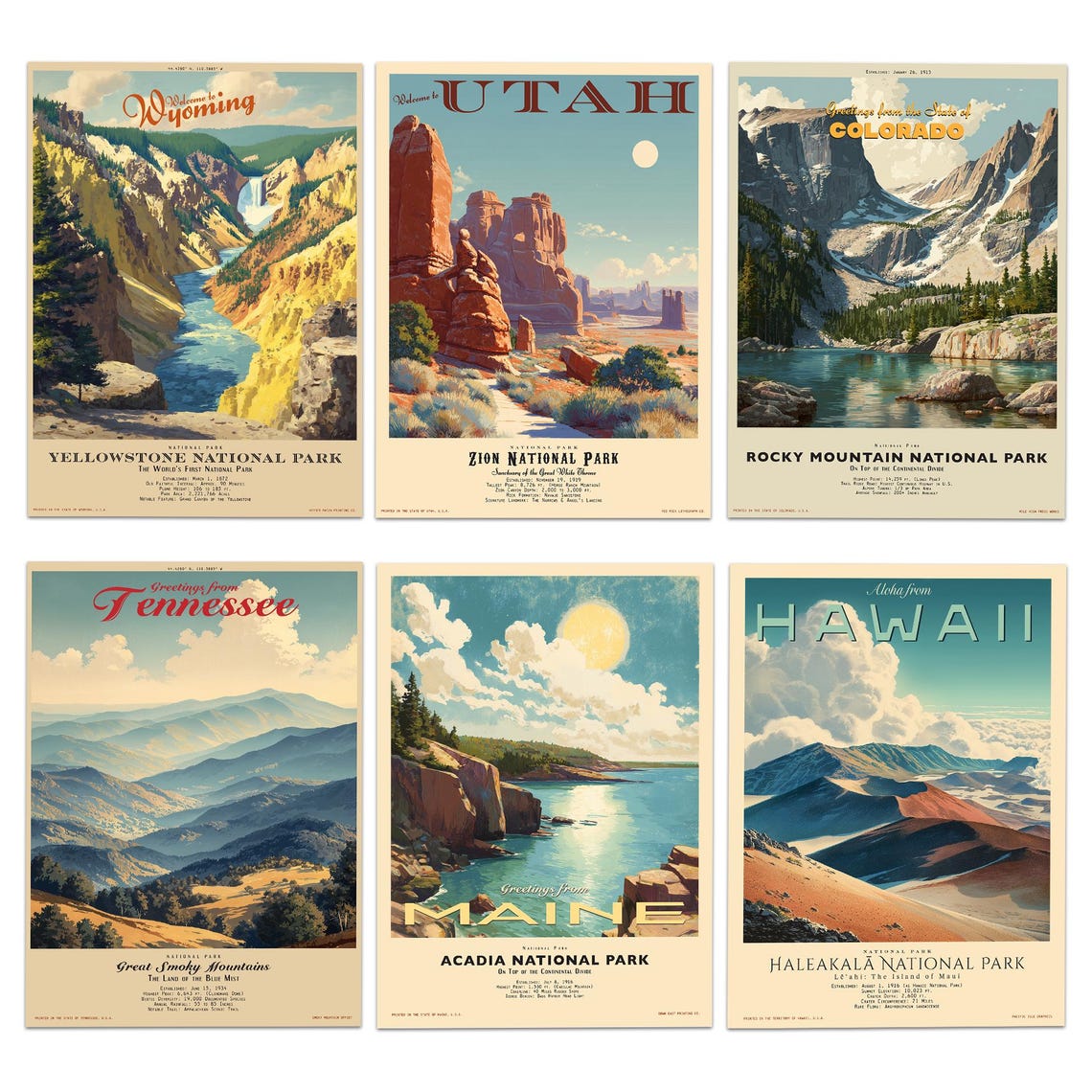 US National Parks Posters Set of 6 | Travel Landscape Prints | Retro ...