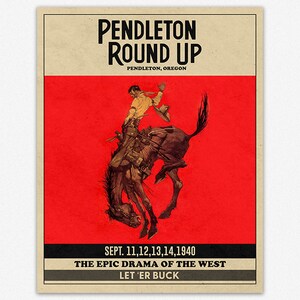 Pendleton Round up Rodeo Poster Cowboy Cowgirl Prints Ranch Decor Red Posters Western Wall Art ...