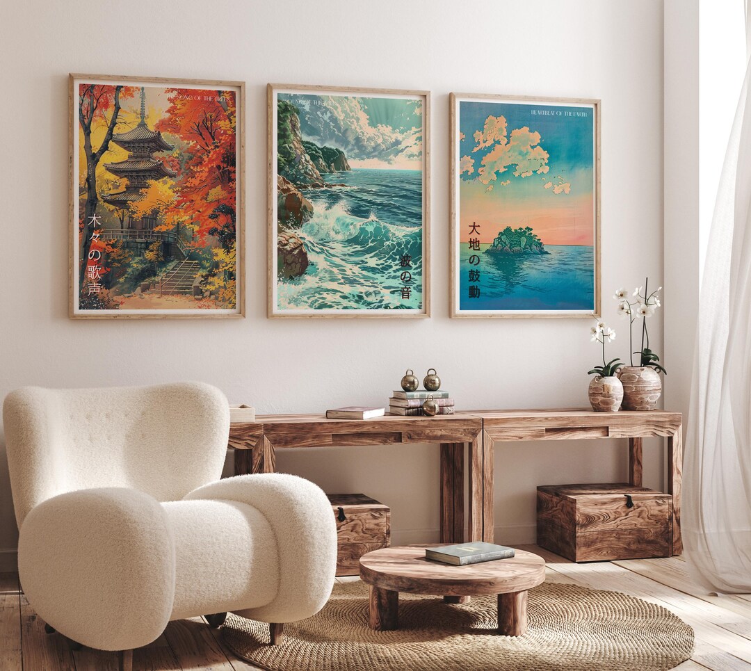 Japanese Landscape Prints - Zen Garden Posters Set of 3 - Coastal ...