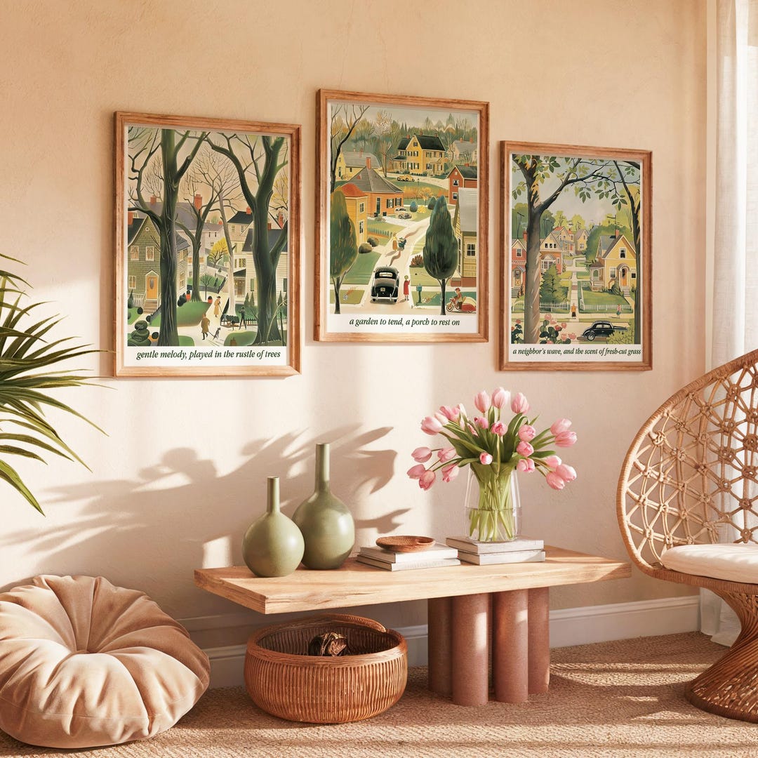 Mid-century Suburban Life Art Print Set: Retro Neighborhood Wall Decor ...