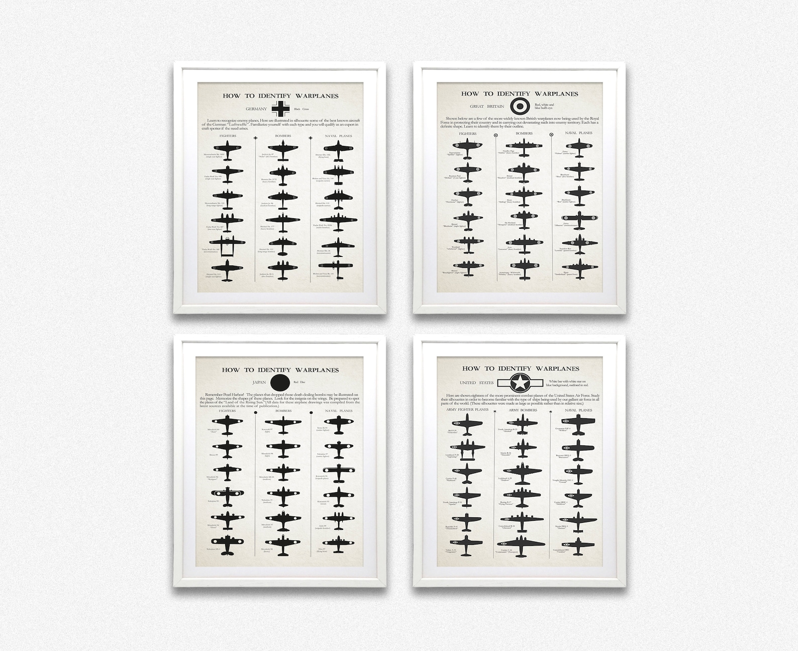 WWII Warplanes Chart Set of 4 Military Aviation Prints - Etsy