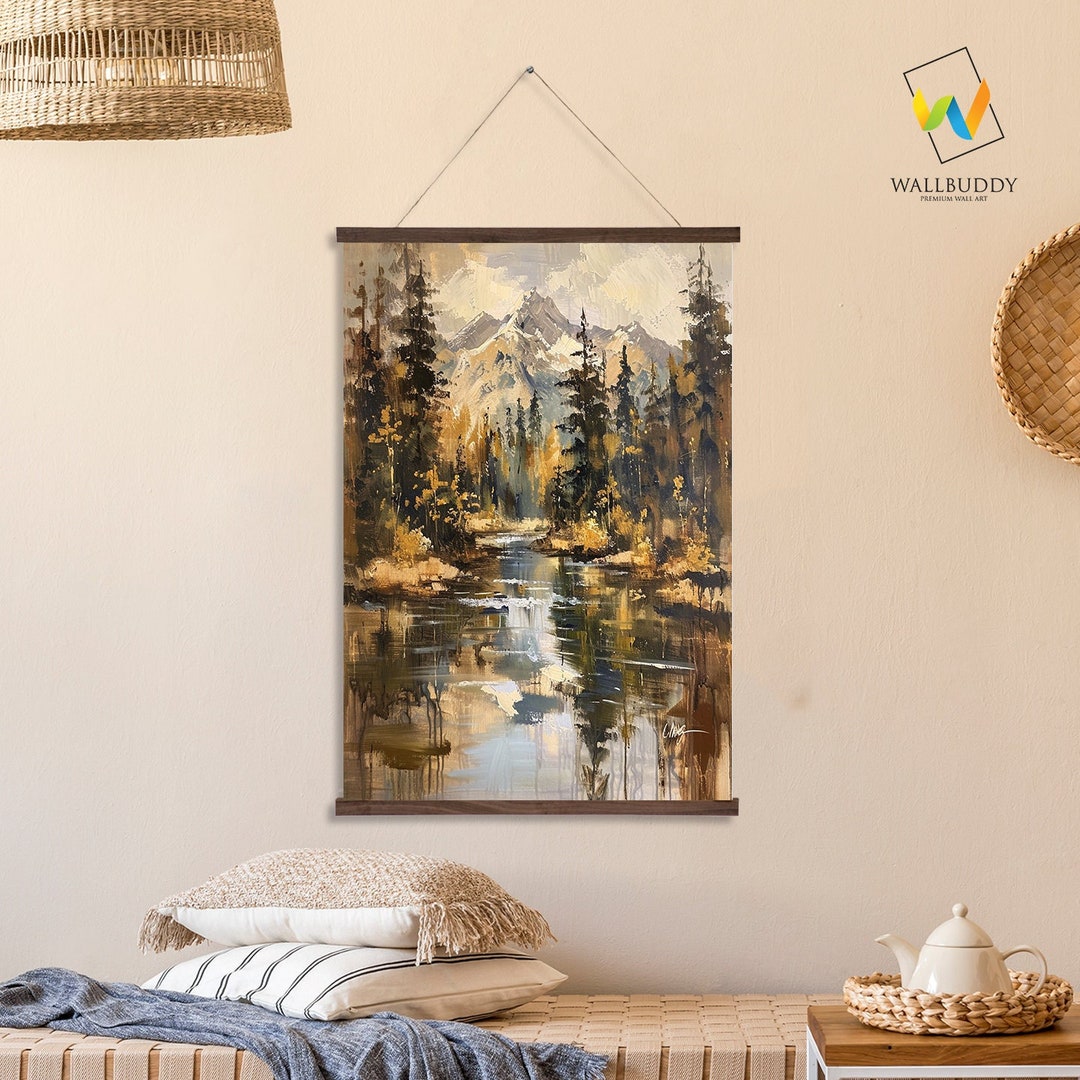 Lakeside Forest Wall Hanging Mountain Reflections Art Rustic Nature ...
