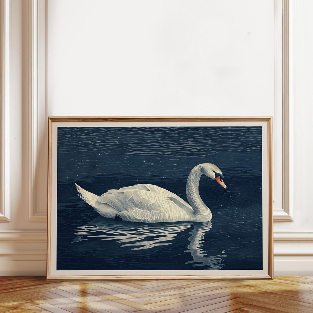 Swan in Lake Landscape Art Print - Waterbird Illustration Wall Art ...
