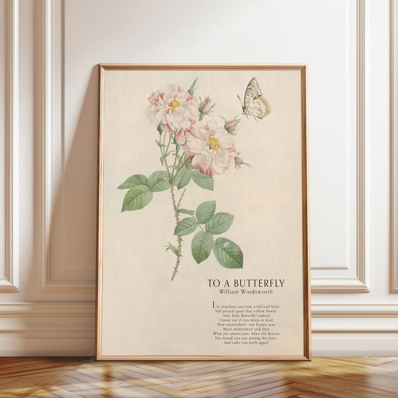 William Wordsworth Poem Art Print: Butterfly & Roses Botanical ...