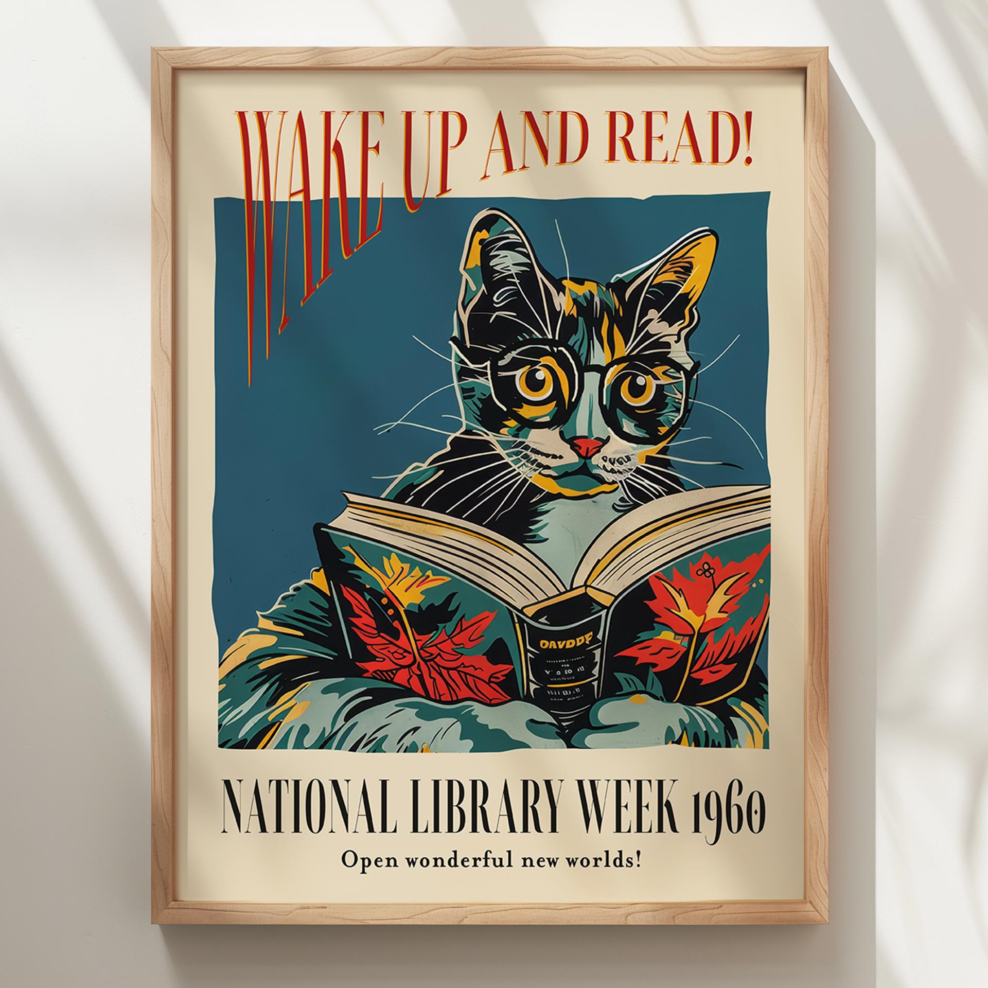 1960 National Library Week Poster: Cat Reading Book, Vintage Style - Etsy