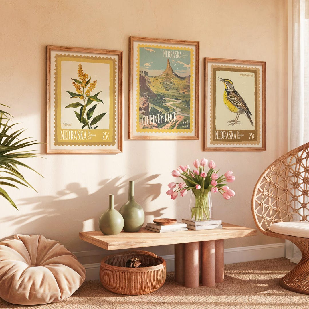 Nebraska State Art Print Set: Chimney Rock, Goldenrod, Meadowlark ...