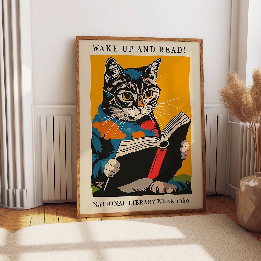 Cat Reading Poster - Wake up and Read! - National Library Week 1960 ...