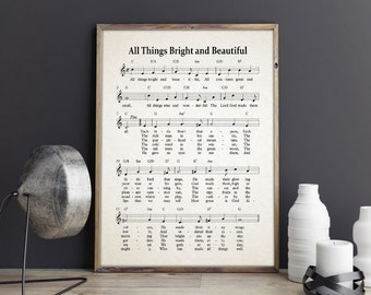 All Things Bright and Beautiful Hymn Wall Art, Vintage 1848 Christian ...