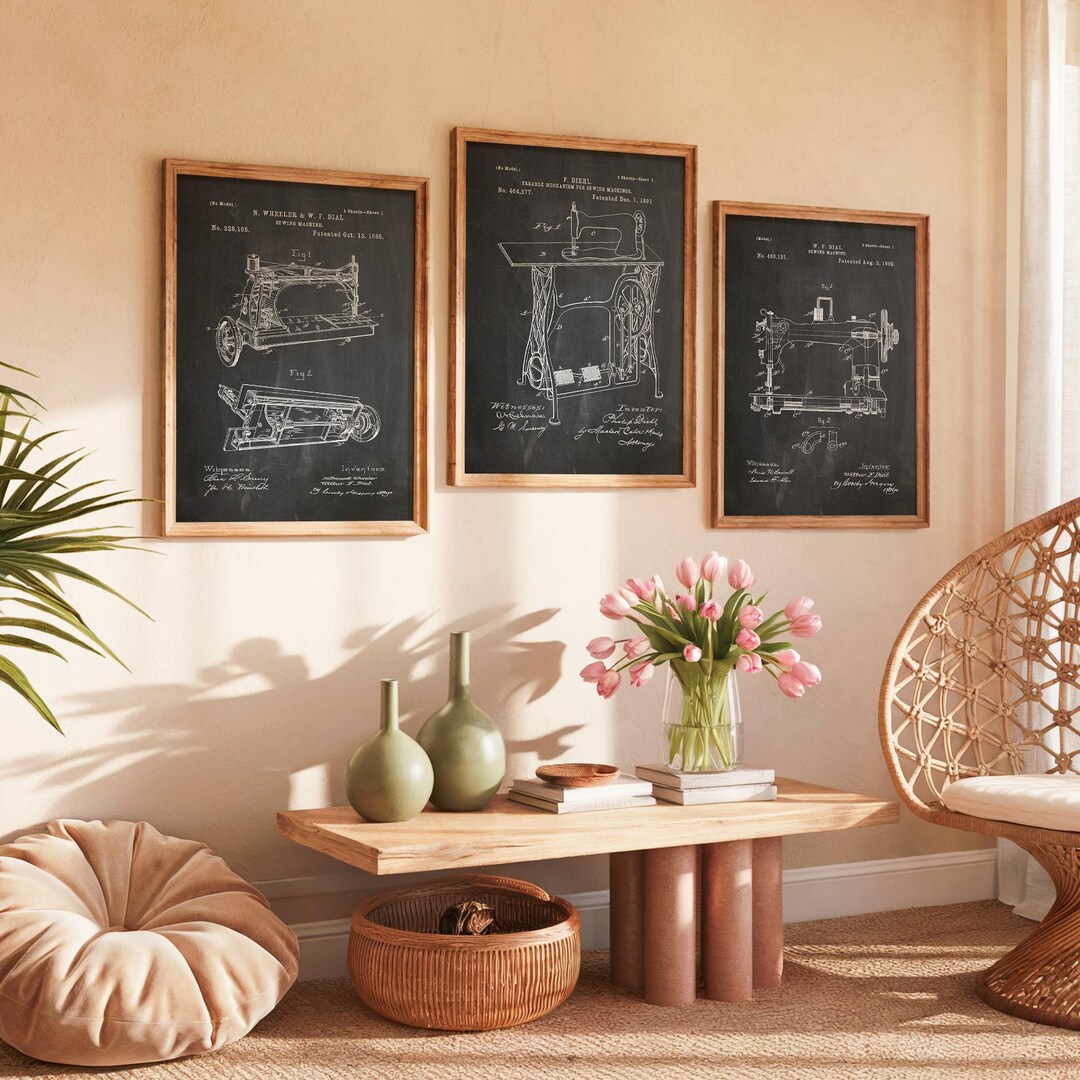 Stitching Elegance: Set of 3 Sewing Machine Patent Posters - Wall Decor ...
