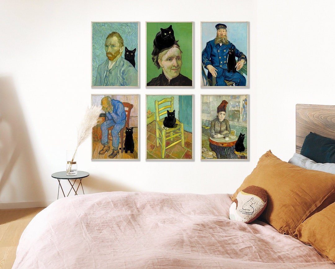 Funny Wall Art Set of 6 Van Gogh Portrait Paintings With Black Cats ...